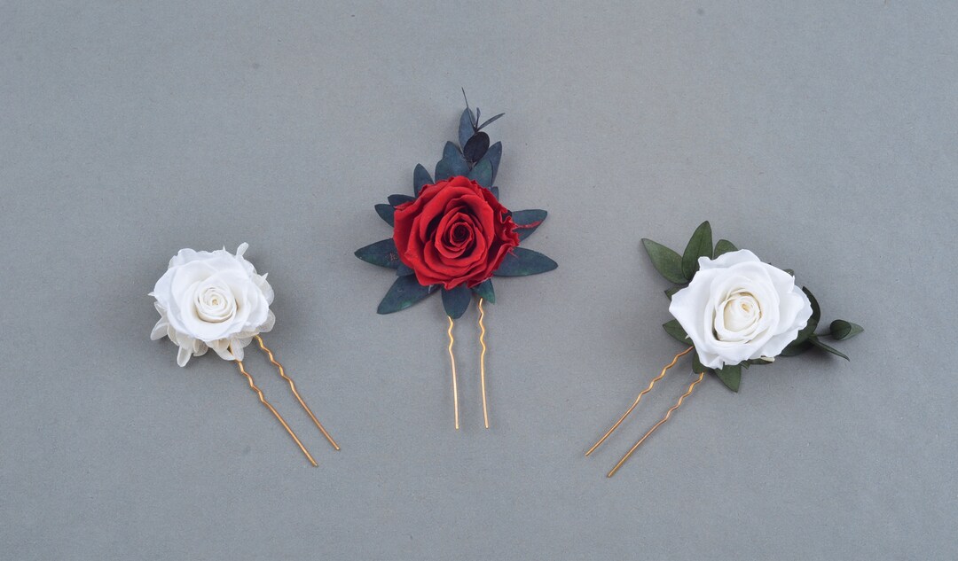 Preserved Natural Real Flower Rose Hair Clip, Red White Austin Rose ...