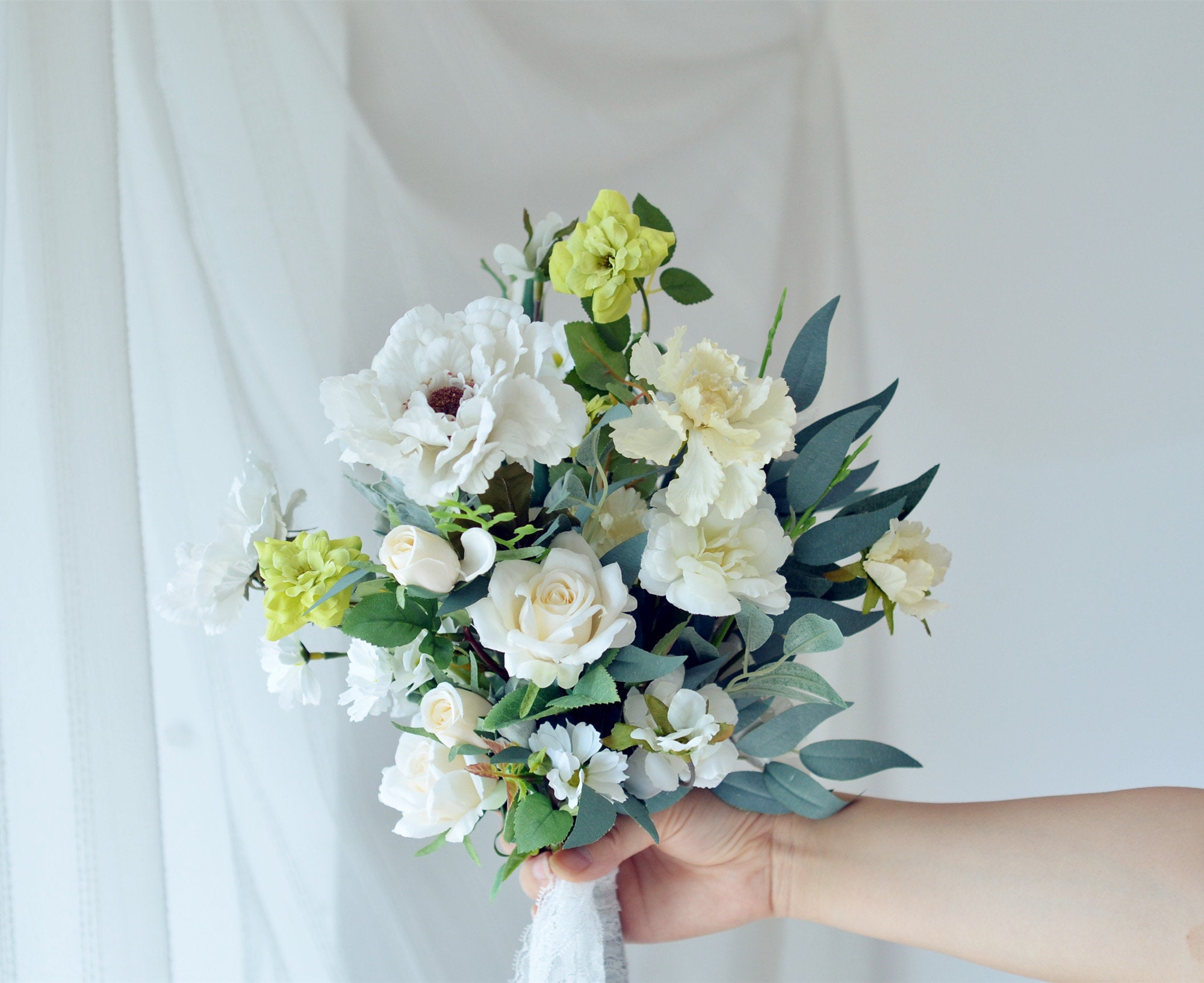 White Green Silk Rose Greenery Bridal Bouquetwedding Bouquet | Etsy