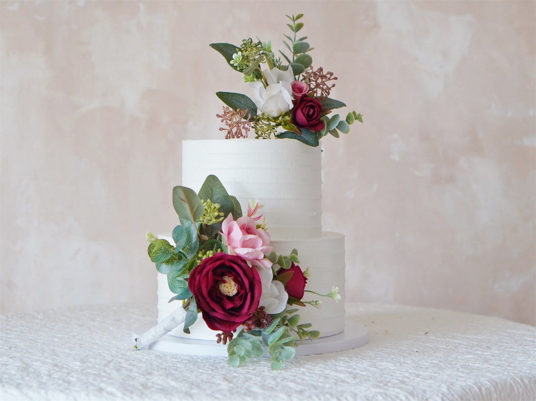 A Set Wedding Cake Topper, Red Silk Rose Cake Decoration, Cake Topper ...