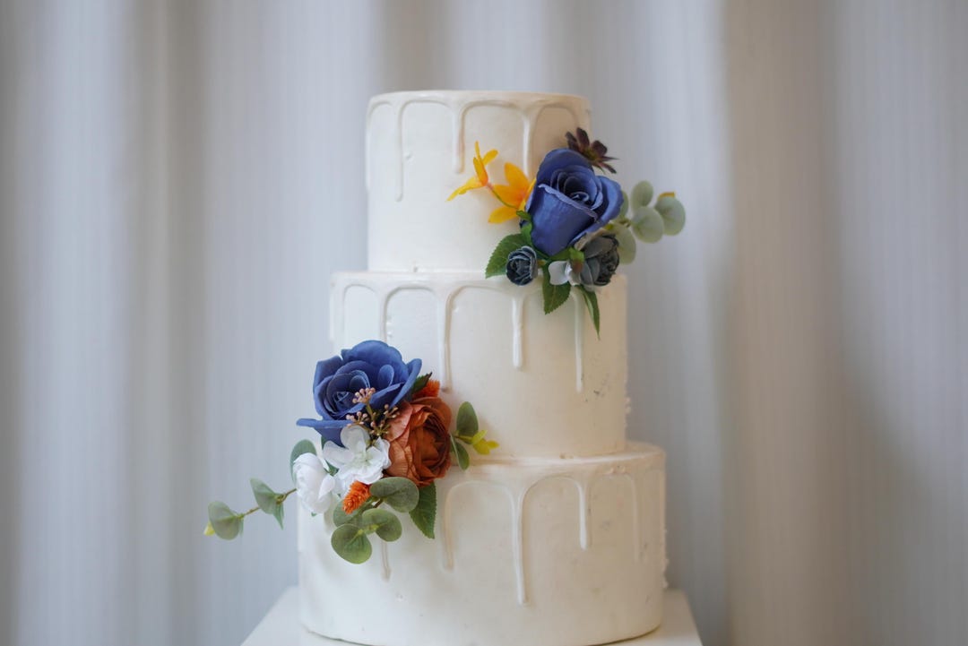Two Tiers Cake Topper, Artificial Blue Flowers Cake Flowers, Cake ...