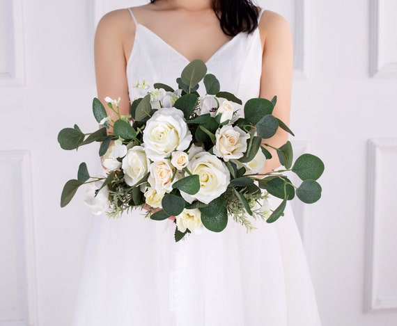 White green silk Rose greenery Bridal bouquetwedding bouquet | Etsy