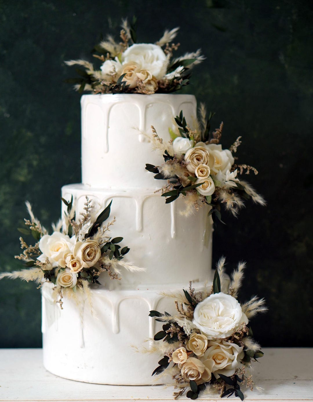 Rustic Wedding Cake Topper Set: White Silk Flowers & Pampas Grass - Etsy