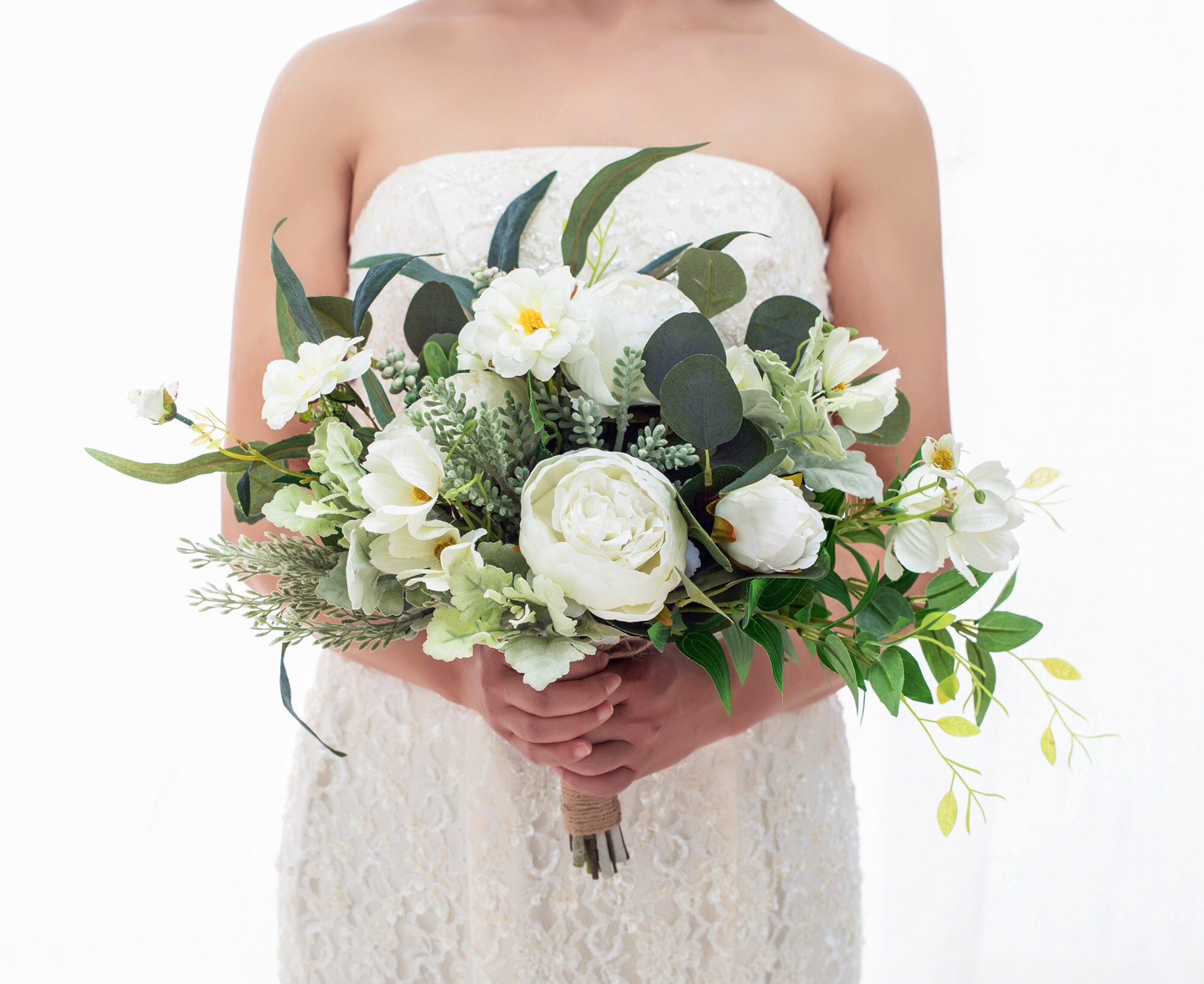 White Green Silk Rose Greenery Bridal Bouquetwedding Bouquet | Etsy