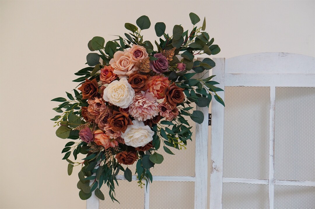 Terracotta Roses Flower Arch Arrangement, Pampas Boho Wedding Decor ...