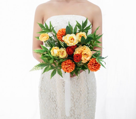 Chic Orange Silk Rose Bridal Bouquetwedding Bouquet Wedding | Etsy