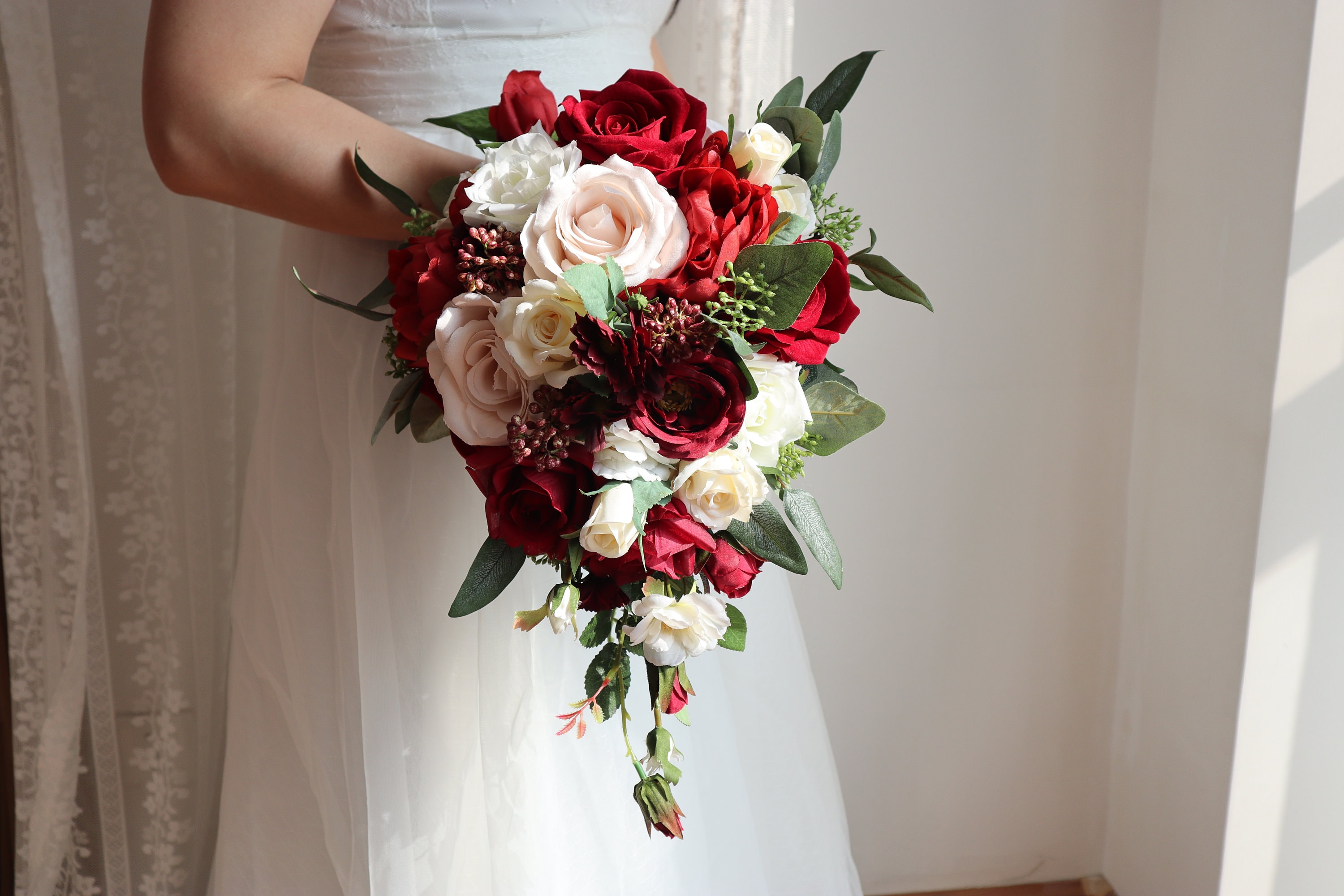 Cascading Red White Silk Rose Greenery Bridal Bouquetwedding | Etsy