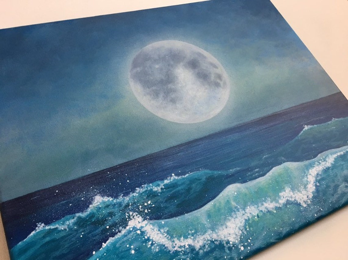 Full Moon Over Ocean Acrylic Painting, 11x14 - Etsy