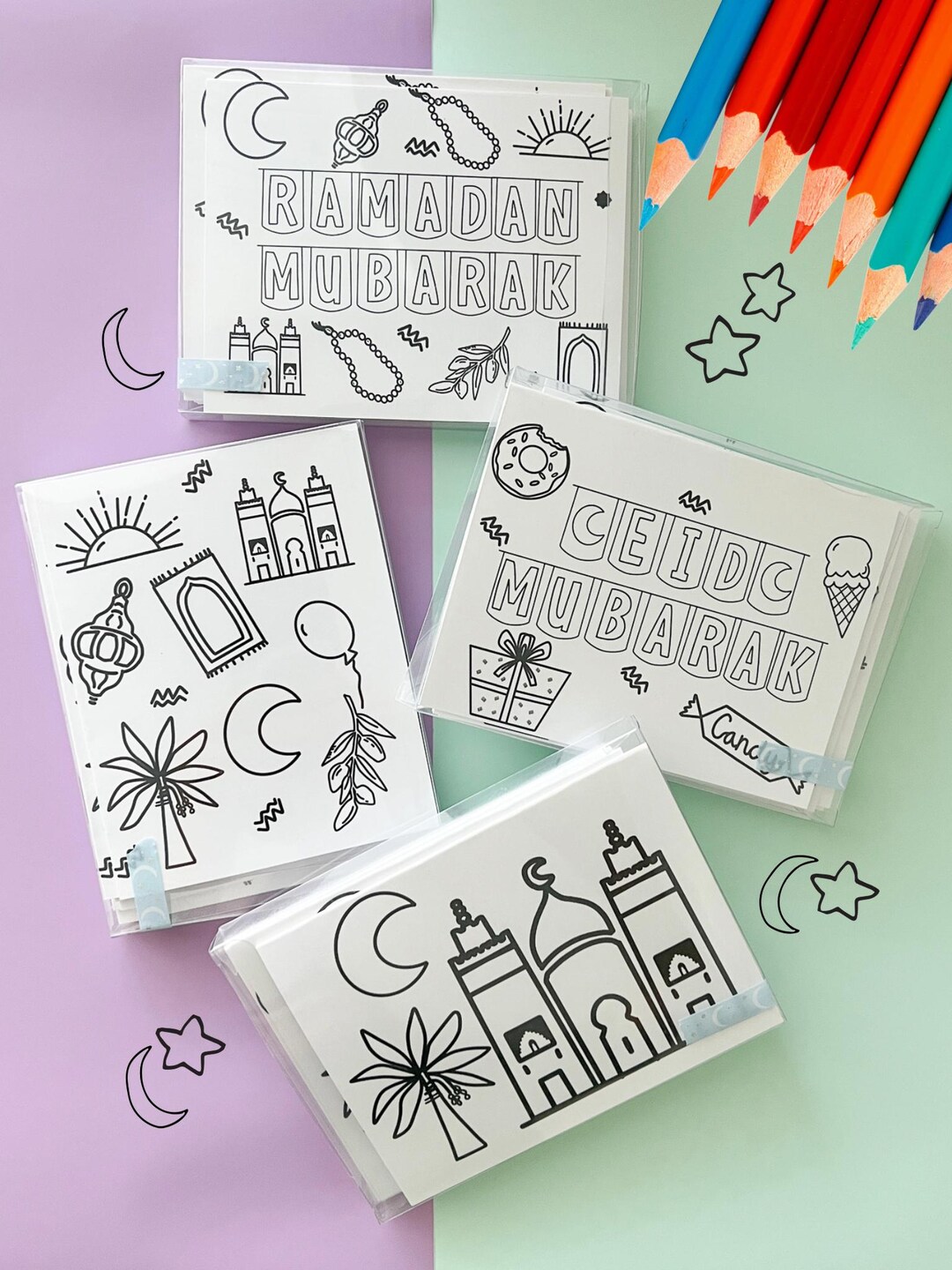 Set of 8 - Ramadan and Eid Coloring Cards for Kids | Childrens Islamic ...