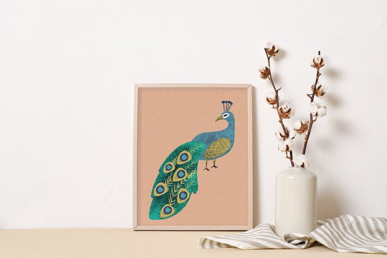 Peacock Boho Wall Art Print Bird Artwork Painting Nature - Etsy