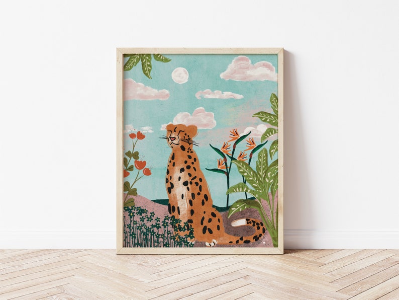 Cheetah Wall Art Print, Boho Wild Cat Illustration Painting, Leopard ...