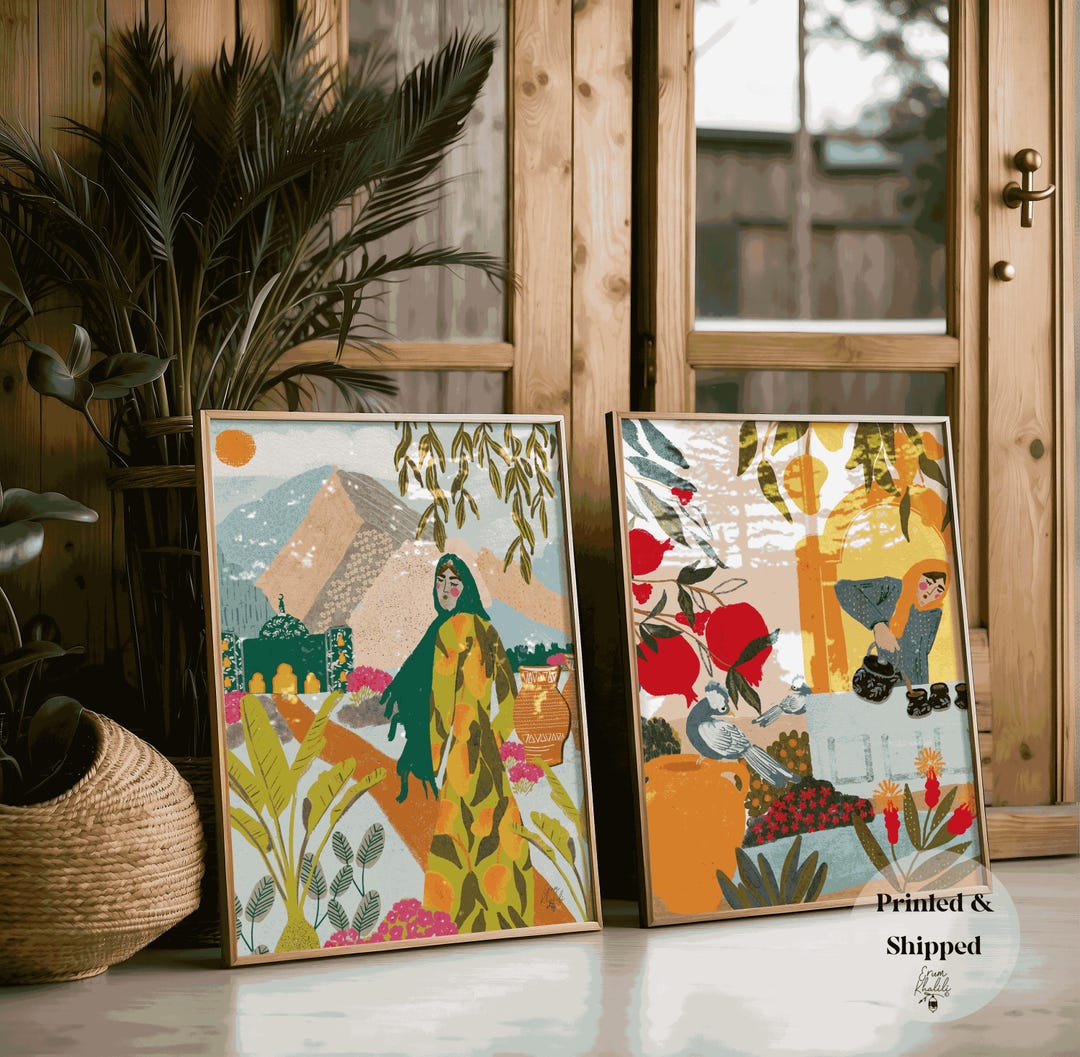 Set of 2 - Indian / Pakistani Artwork, Portrait of a Woman, Tea Garden ...