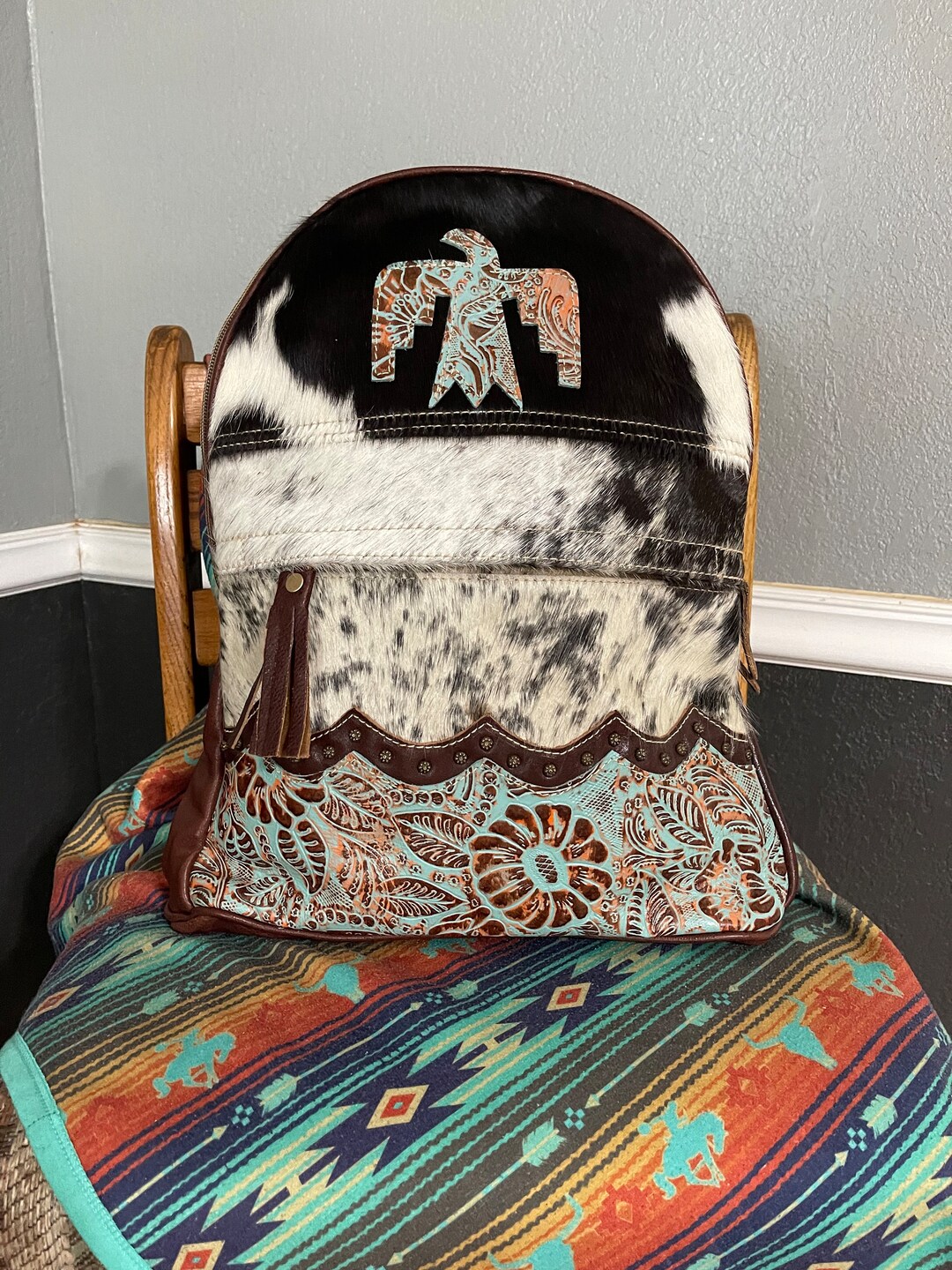 Leather and Cowhide Aztec Inspired Backpack Adorned With - Etsy