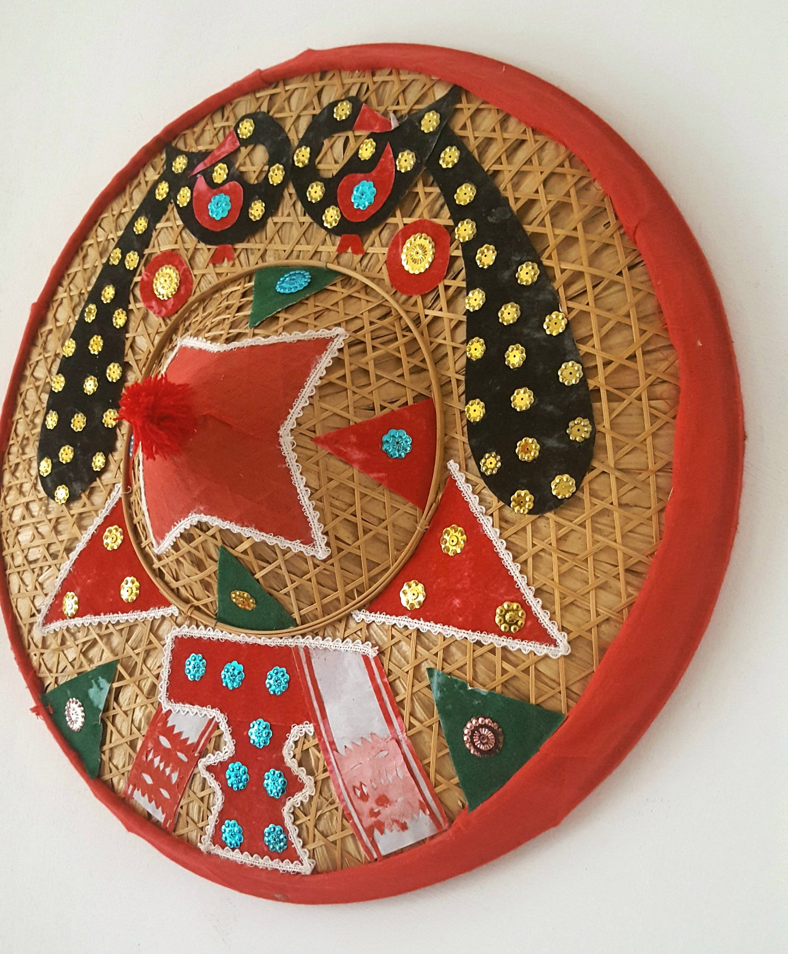 Set of Vintage Asian Coolie Hats, Woven Rattan and Fabric, Pompoms ...