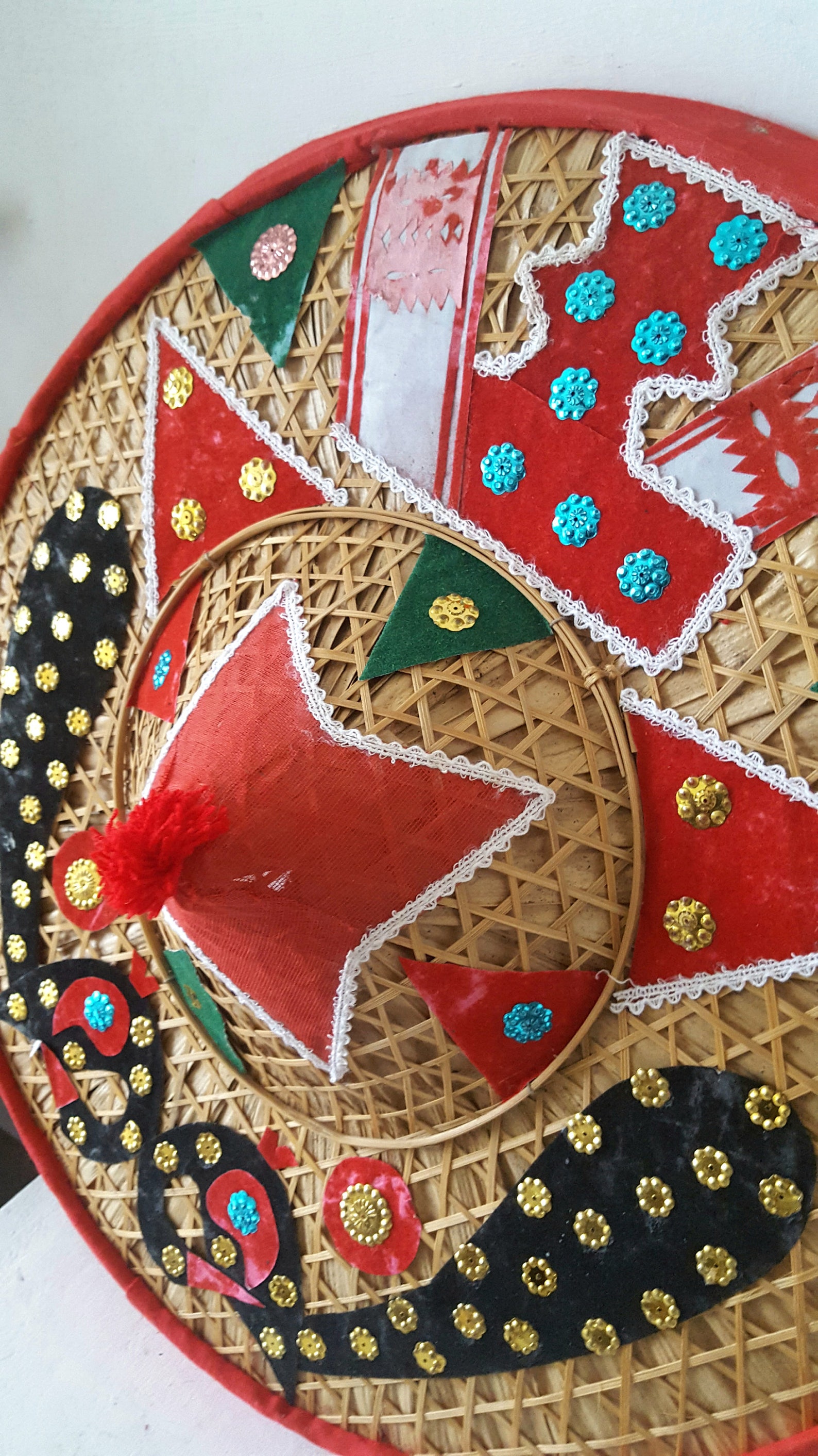 Set of Vintage Asian Coolie Hats, Woven Rattan and Fabric, Pompoms ...