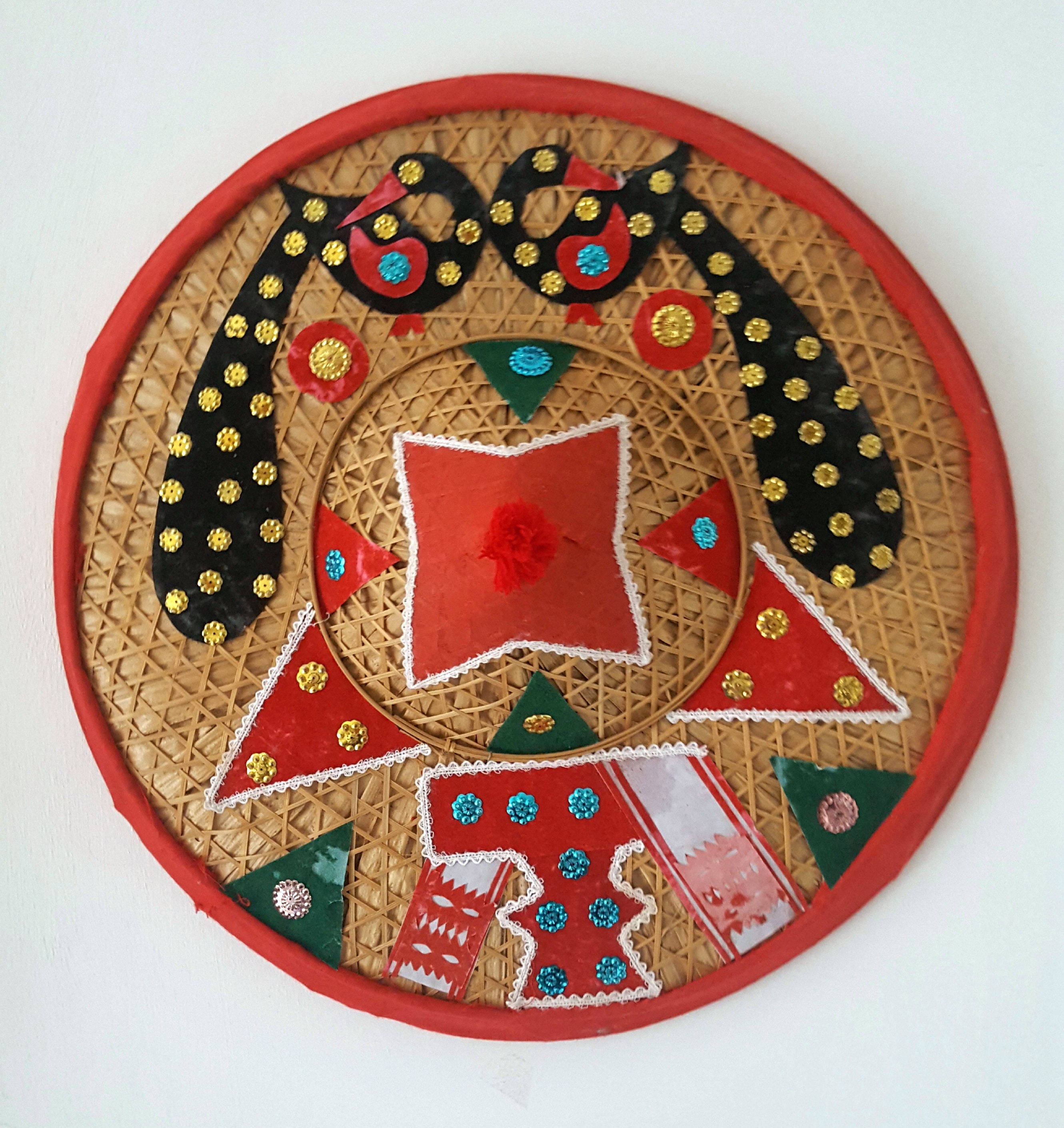 Set of Vintage Asian Coolie Hats, Woven Rattan and Fabric, Pompoms ...