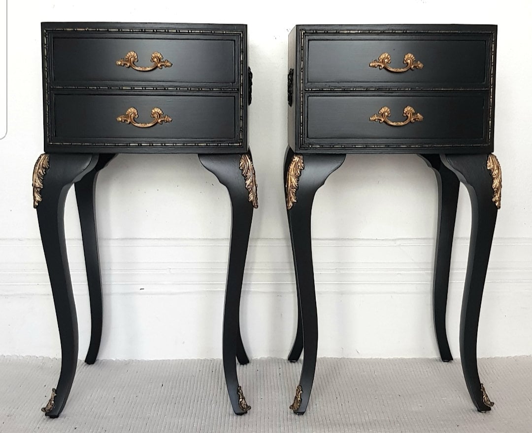 Vintage French Louis Bedside Tables, Black & Gold, Ornate Bedside Table ...