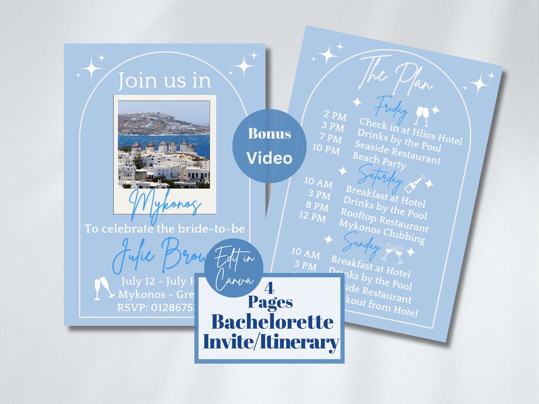 Greek Bachelorette Invite, Mykonos Greece Itinerary, Coastal Beach ...