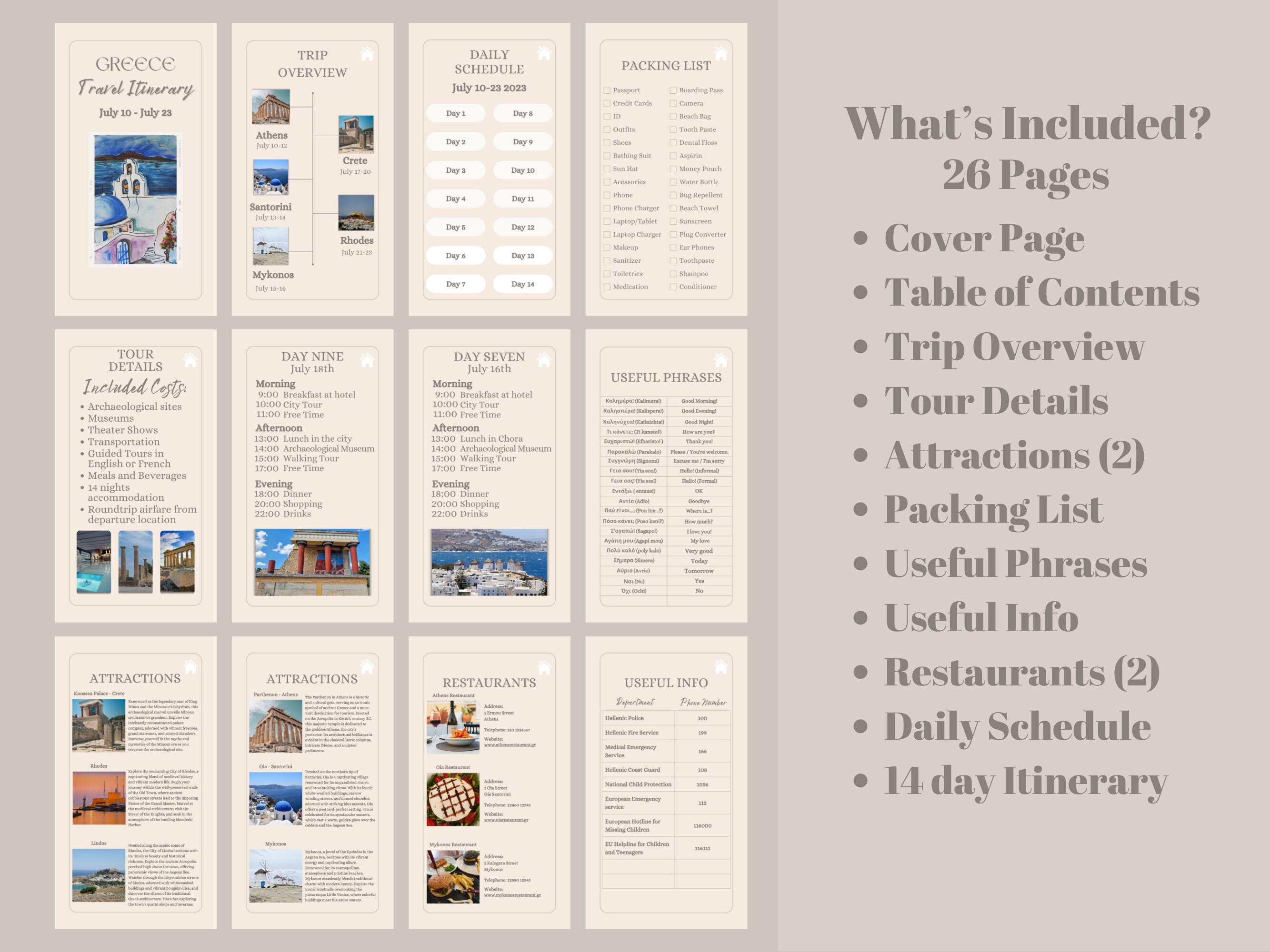 Greek Travel Itinerary Canva Template, Printable Travel Planner, Travel ...