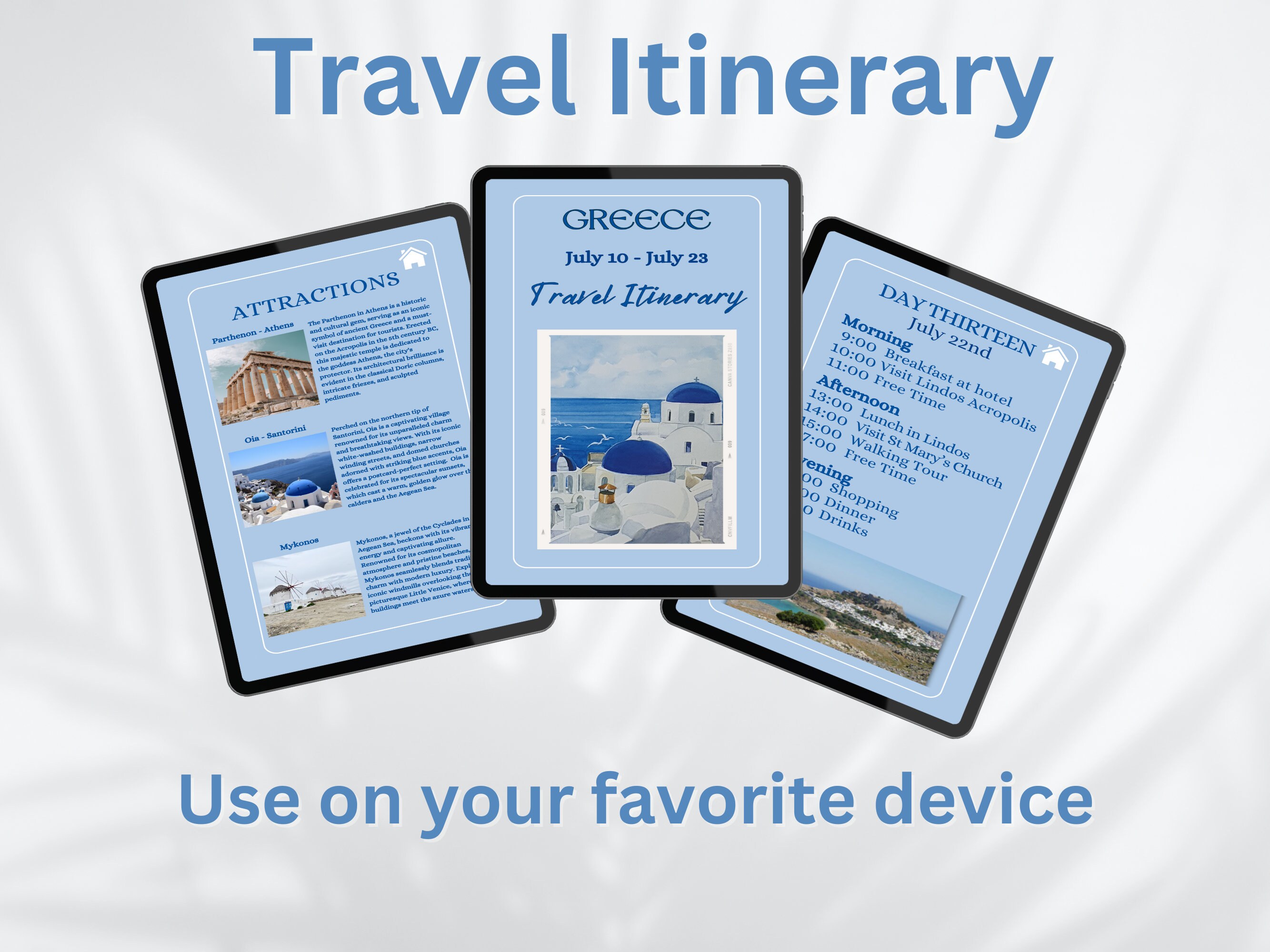 Greek Travel Itinerary Editable Template, Printable Travel Planner ...