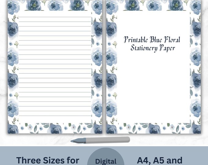 Printable Blue Floral Letter Writing Set US Letter, A4 & A5 Lined and ...