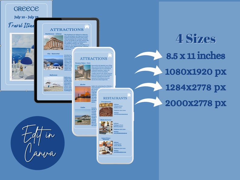 Greek Travel Itinerary Editable Template, Printable Travel Planner ...