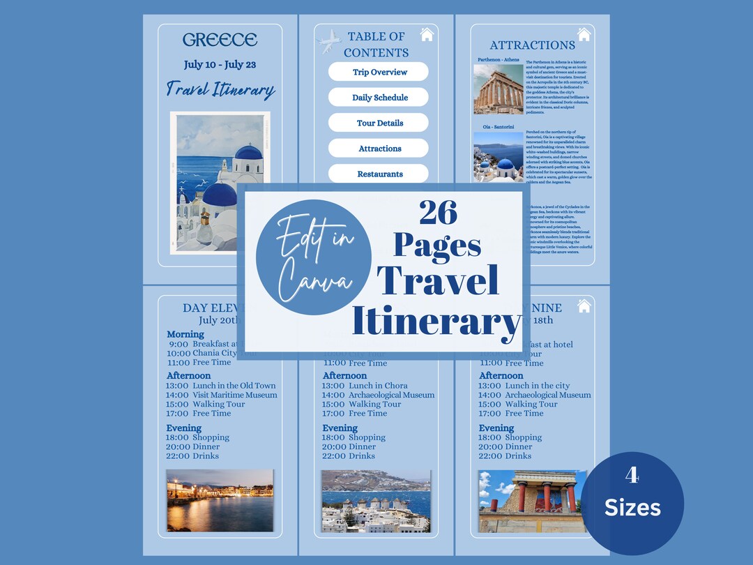 Greek Travel Itinerary Editable Template, Printable Travel Planner ...