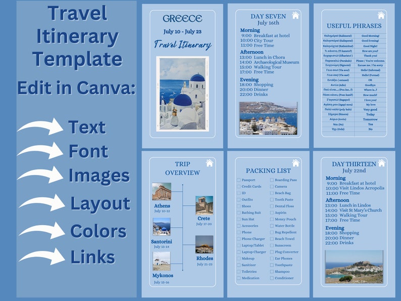 Greek Travel Itinerary Editable Template, Printable Travel Planner ...
