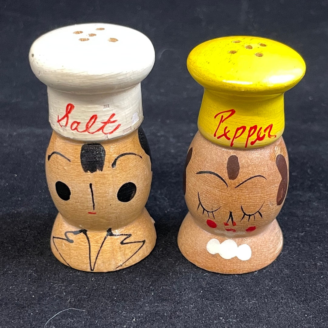 Vintage Hobo Wood Wooden Chef Face Salt and Pepper Shakers Japan W ...