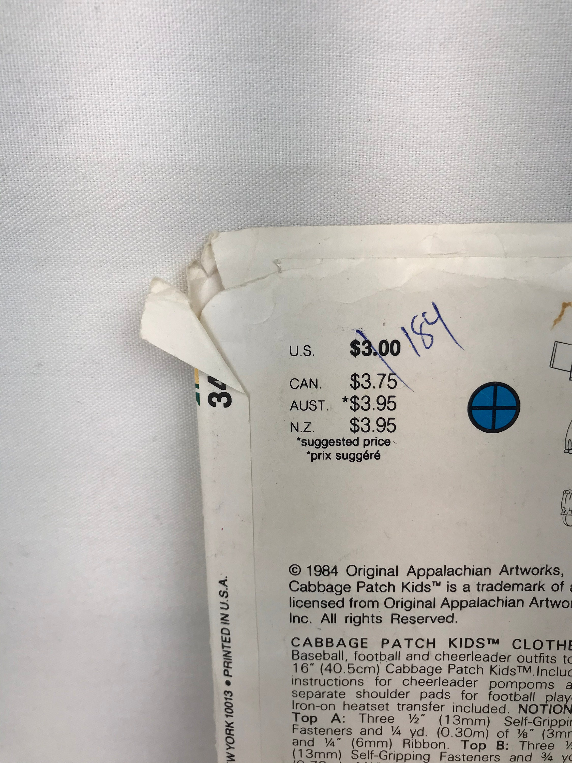 Vintage Butterick Cabbage Patch Kids Doll Clothing Sewing Pattern 340 ...