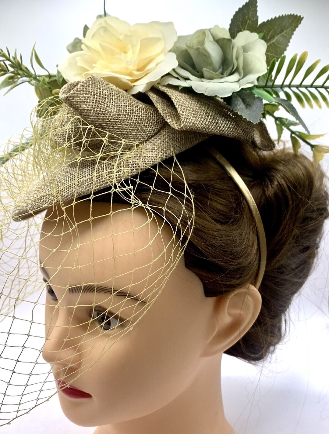 Stunning Ivory With Sage Green Khaki and Cream Flowers Fascinator Hat ...
