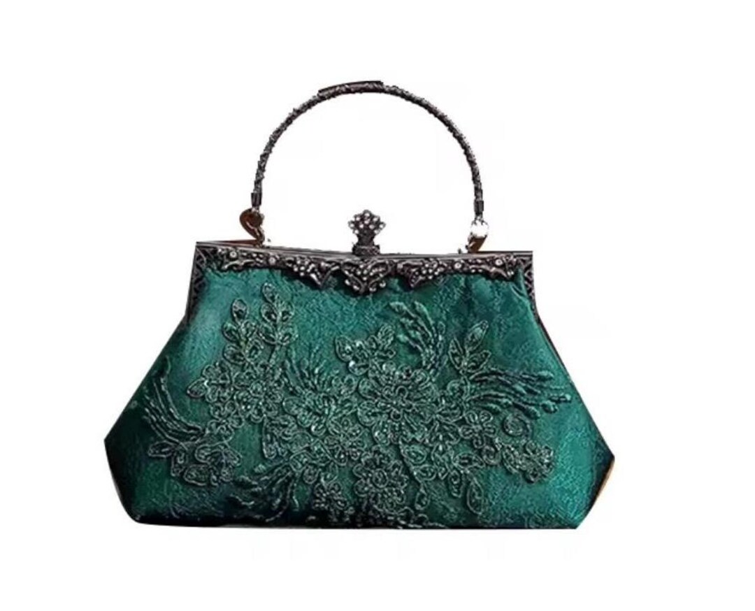 Beautiful Emerald Green Embroidered Handbag With Handle and Shoulder ...