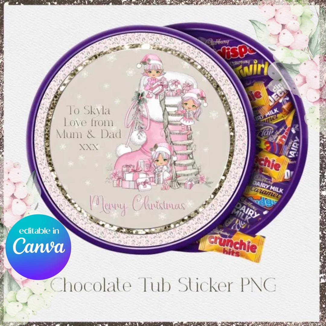 Christmas Chocolate Tub Sticker: Pink Stocking With Elves PNG (digital ...