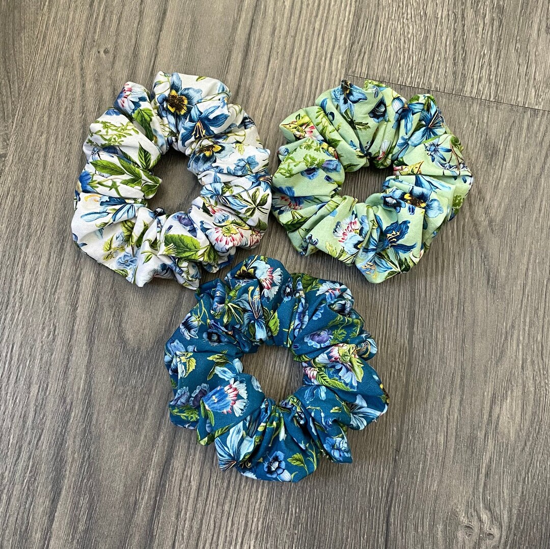Blue Floral Scrunchie , Pick Blue White or Green Floral Flower ...