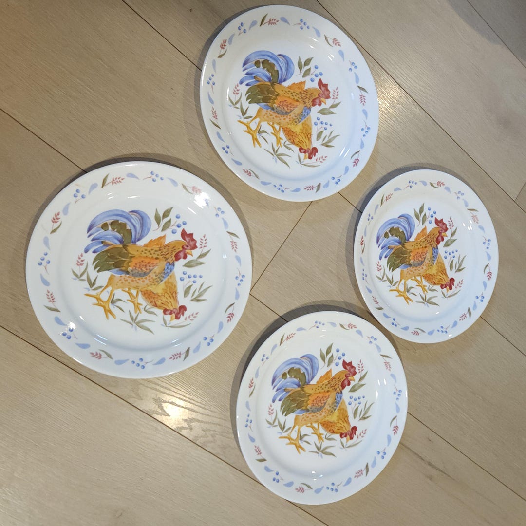 Corelle by Corning Country Morning Rooster 4 Piece Dinner Plates Barely ...