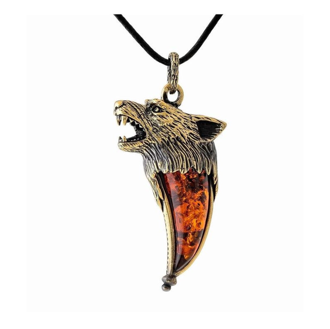 Mens Wolf jewelry fang pendant necklace Amber Amulet Tribal | Etsy