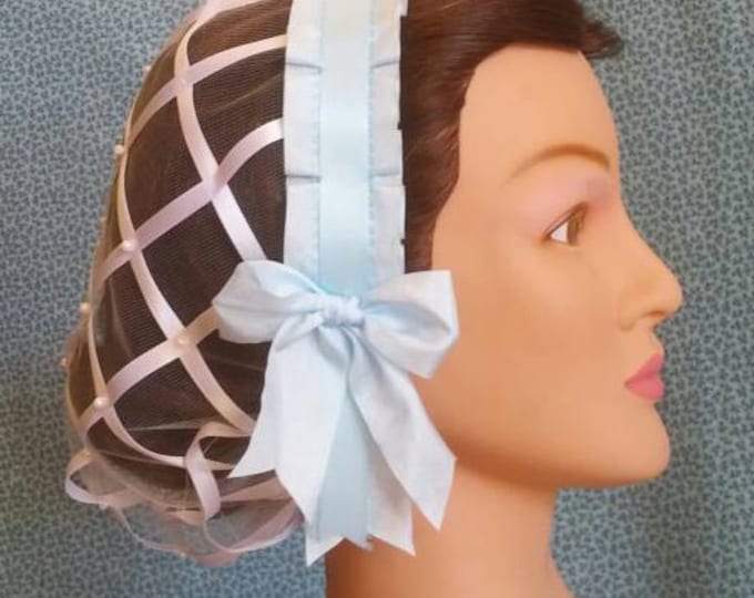 White Ribbon Hairnet With Choice of Ribbon Coronet more Blue Choices - Etsy
