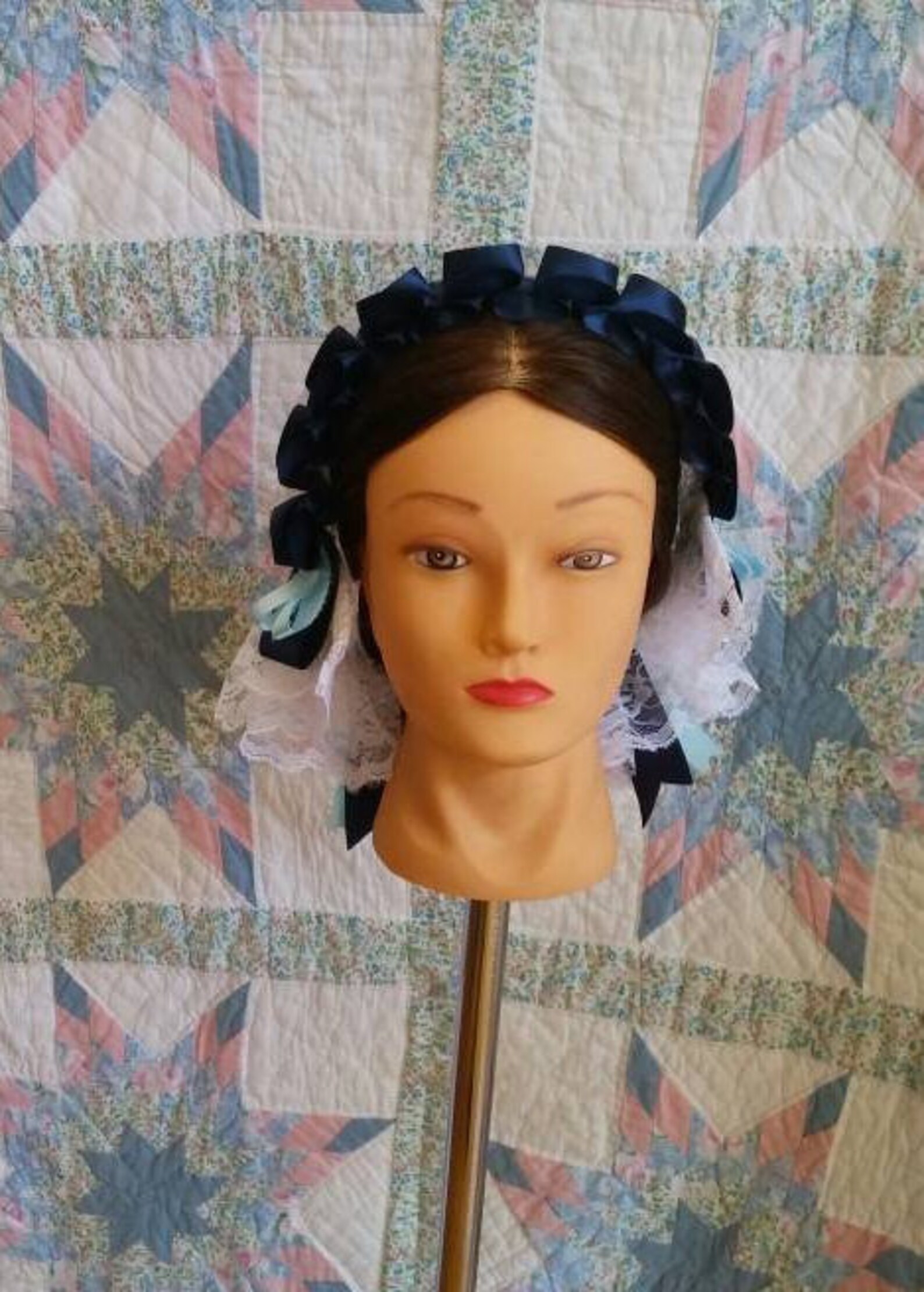 White Lace Fanchon Styled Day Cap With Navy and Baby Blue Ribbon ...