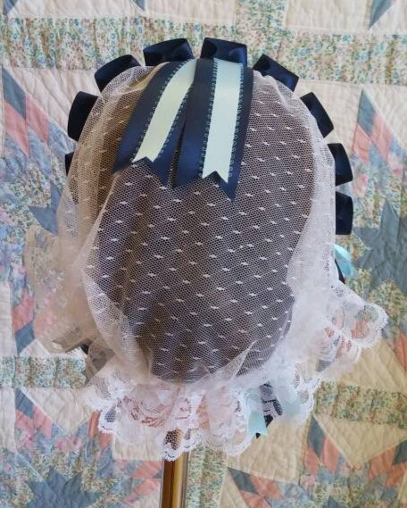 White Lace Fanchon Styled Day Cap With Navy and Baby Blue Ribbon ...