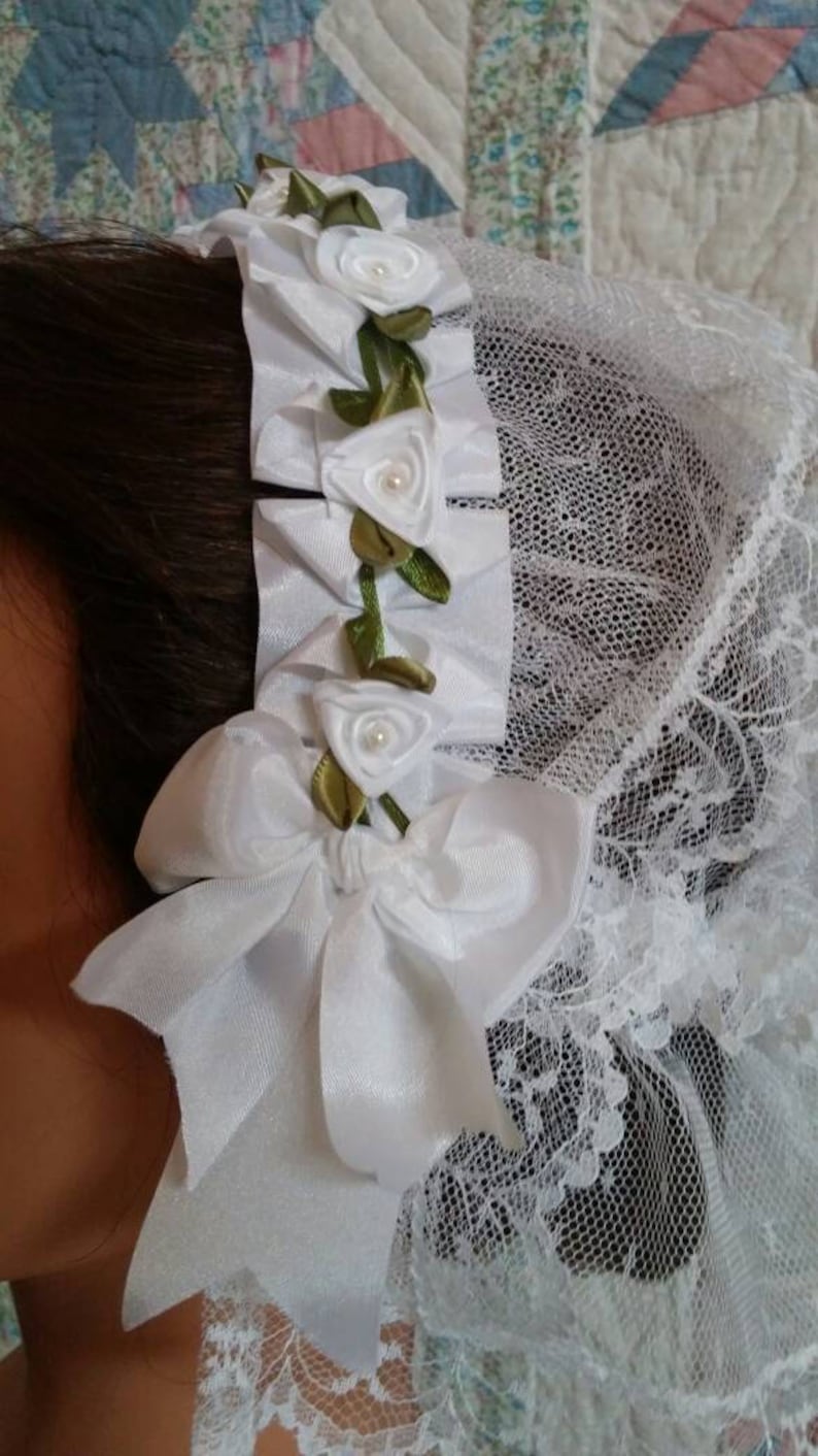 White Ribbon Rose Trimmed Folded Ribbon Fanchon Style Lacy - Etsy