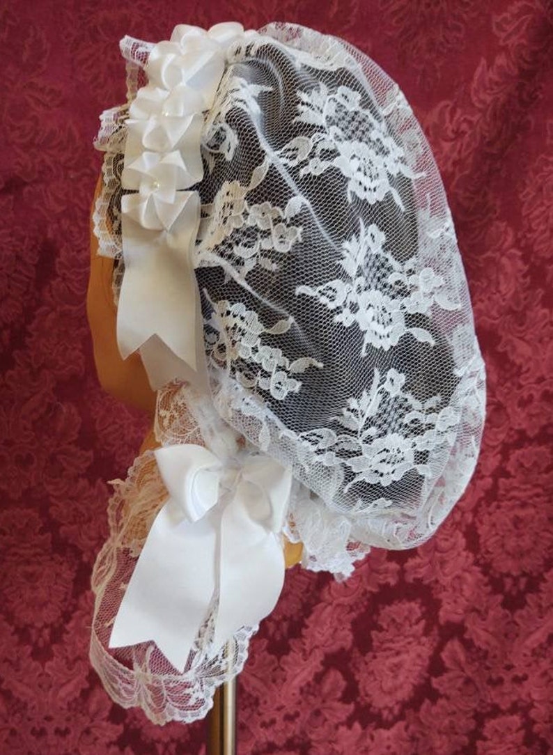 White Lacy Daycap With Lappets and White Folded Ribbon Coronet, Day Cap ...