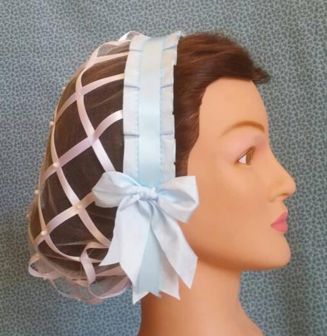 White Ribbon Hairnet With Choice of Ribbon Coronet -more Blue Choices ...