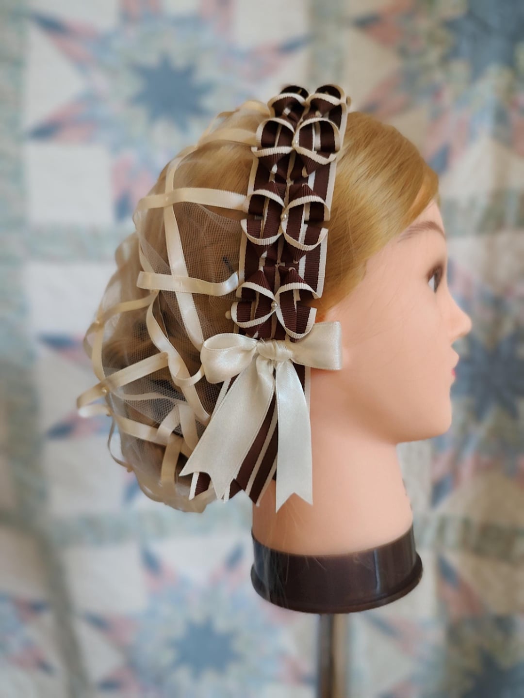 Cream Ribbon Hairnet With Choice of Stripped Ribbon Coronet, Victorian ...
