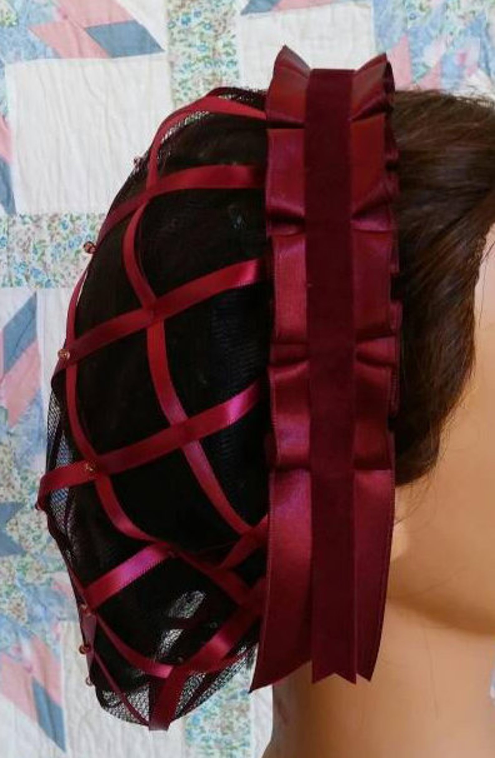Wine Burgandy Ribbon Hairnet With Burgandy Folded Ribbon Coronet - Etsy