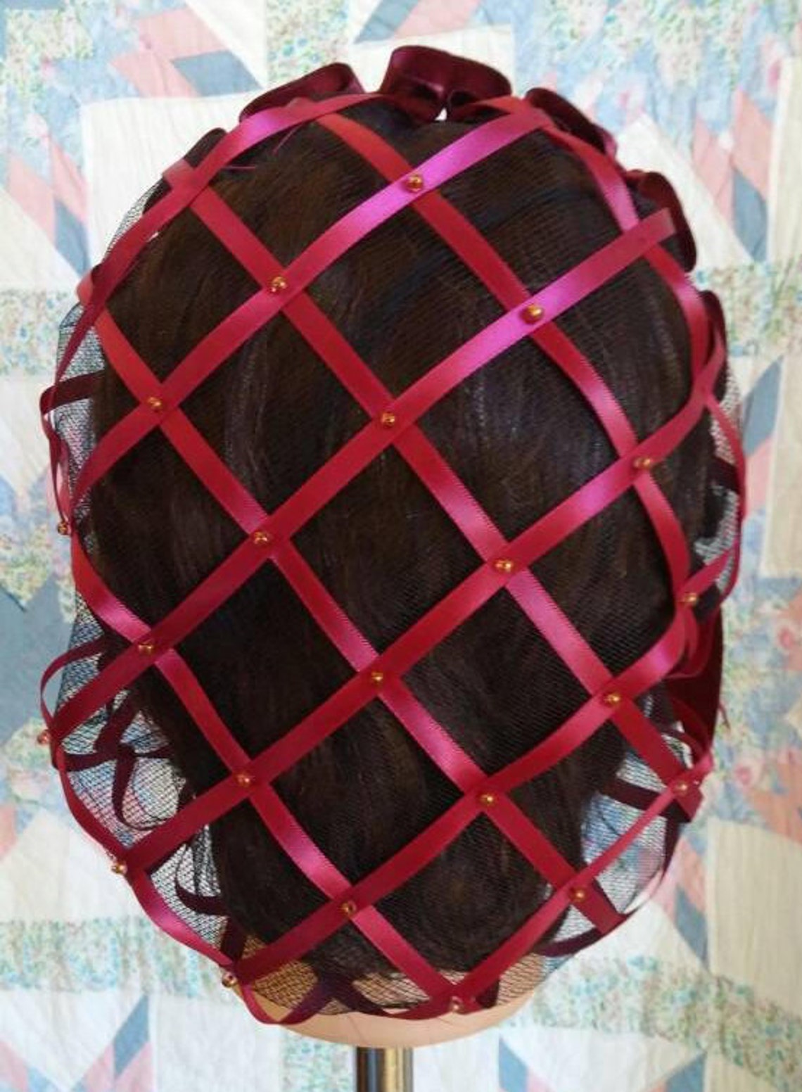 Wine Burgandy Ribbon Hairnet With Burgandy Folded Ribbon Coronet - Etsy