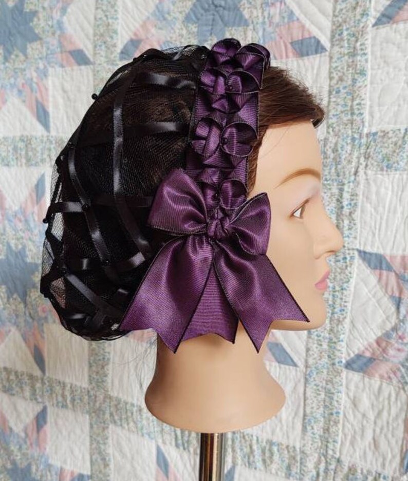Black Ribbon Hairnet With Choice of Purple Trimmed Ribbon Coronets ...