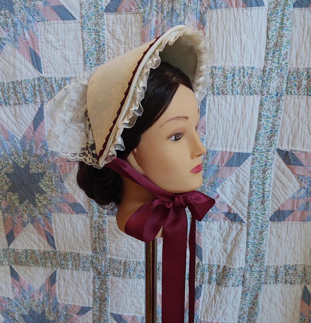 Wine or Blue Accented Cream Fanchon Bonnet, Dinner Bonnet - Empire ...