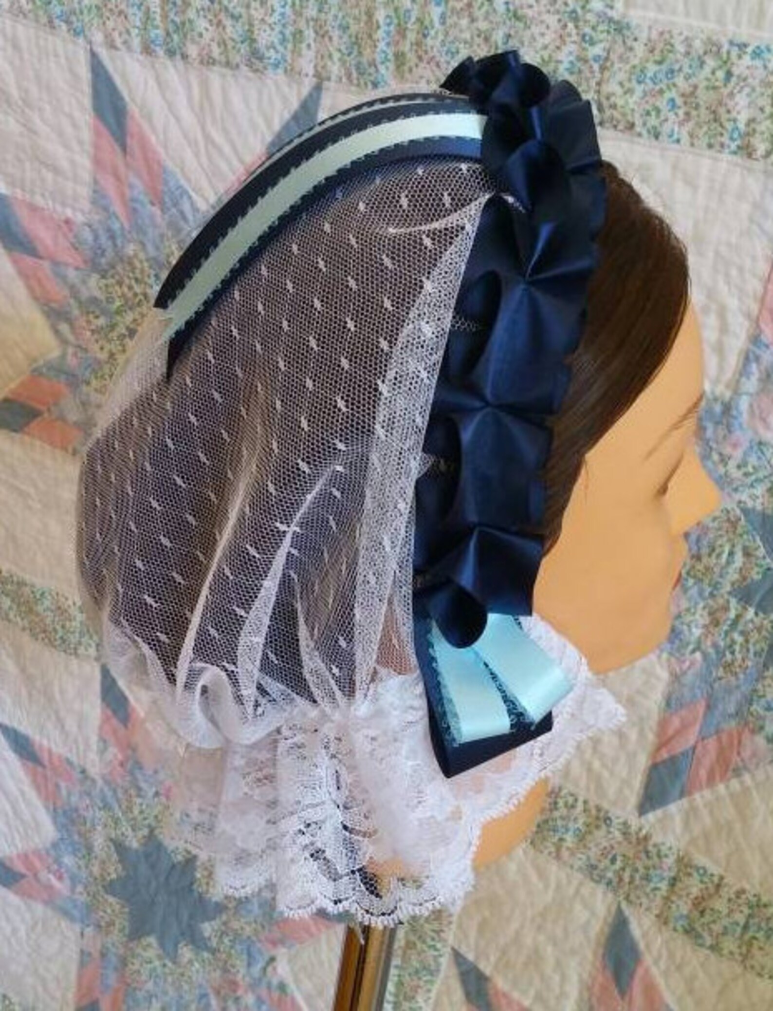 White Lace Fanchon Styled Day Cap With Navy and Baby Blue Ribbon ...