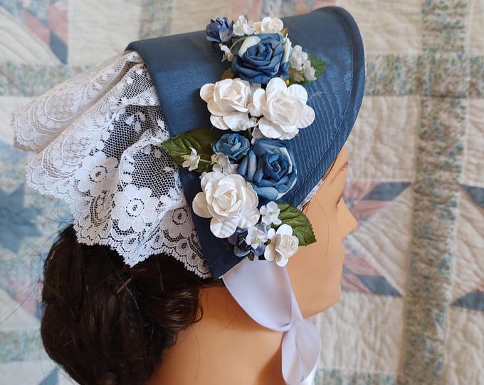 Slate Blue Fanchon Bonnet, Choice of Embellishment, Dinner Bonnet ...