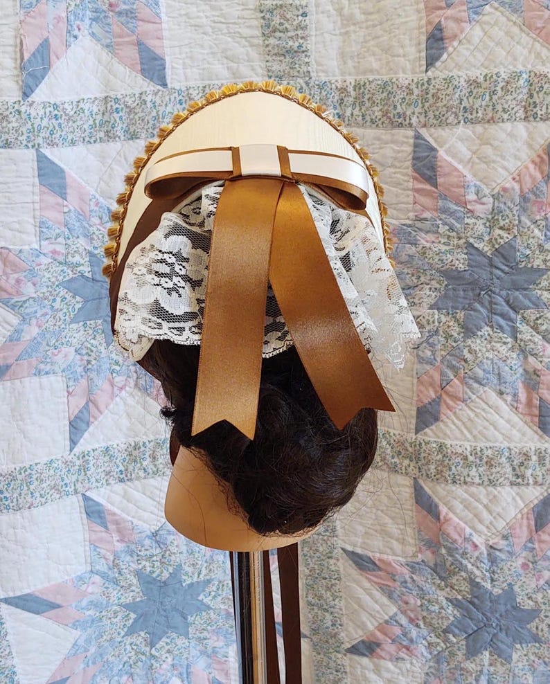 Old Gold Accented Cream Fanchon Bonnet, Dinner Bonnet - Empire Bonnet ...