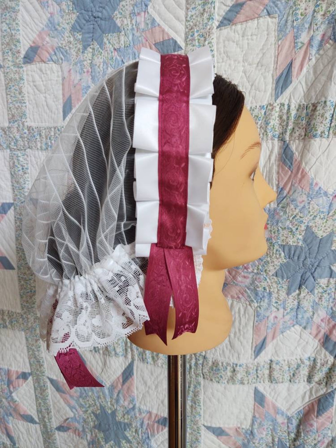 White Lace Fanchon Styled Day Cap With Burgandy Brocade Ribbon - Etsy